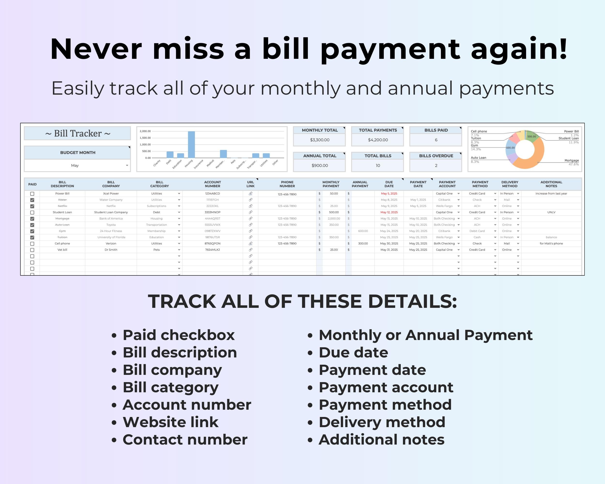 Monthly Bill Tracker Excel Spreadsheet Digital Bill Tracker Google ...