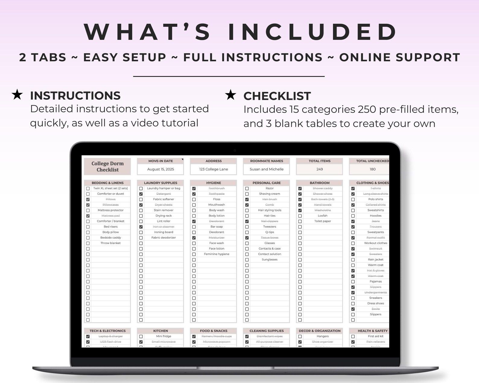 College Dorm Room Checklist Template Google Sheet Excel Packing List ...