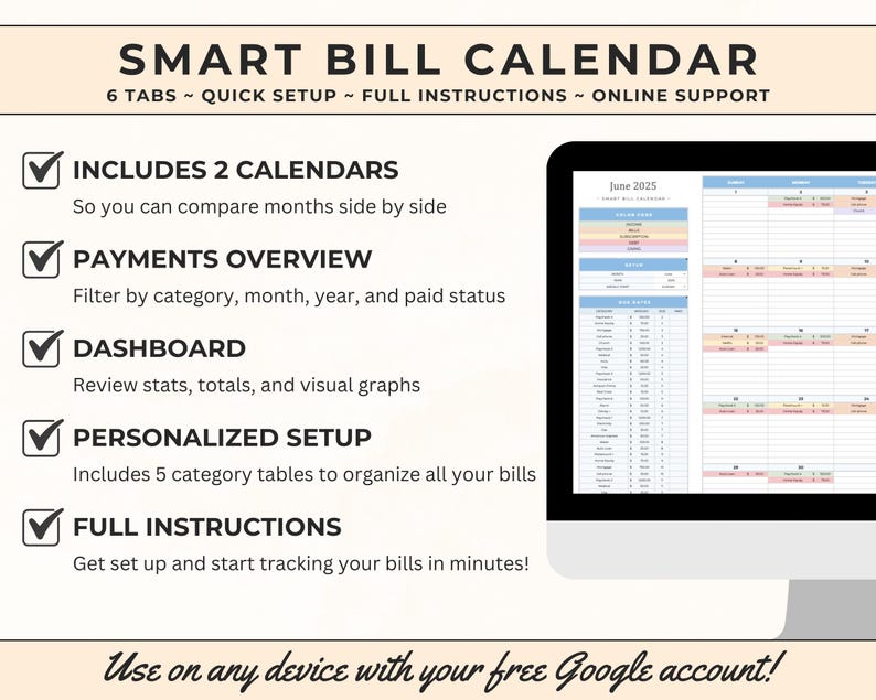 Smart Bill Calendar Google Sheet Bill Payment Tracker Spreadsheet ...