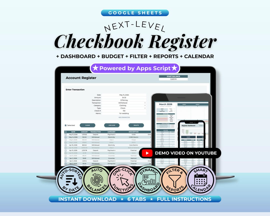 Checkbook Register for Google Sheets Budget Digital Check Balancing ...