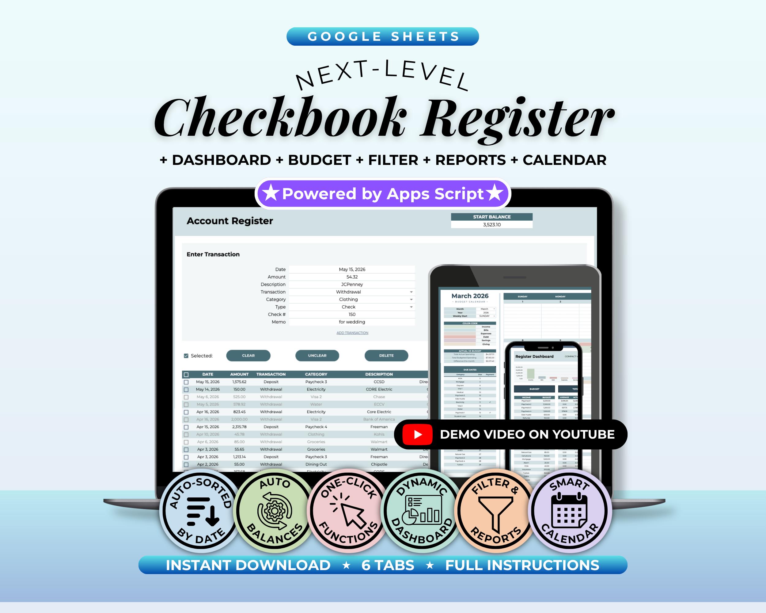 Checkbook Register for Google Sheets Budget Digital Check Balancing ...