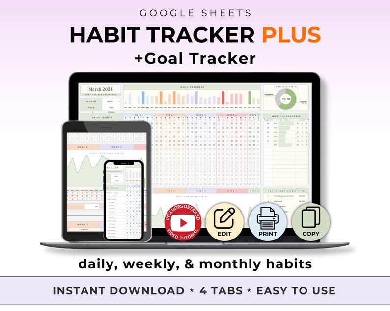 Habit Tracker Daily Weekly Monthly Habit Planner Template Google Sheets ...