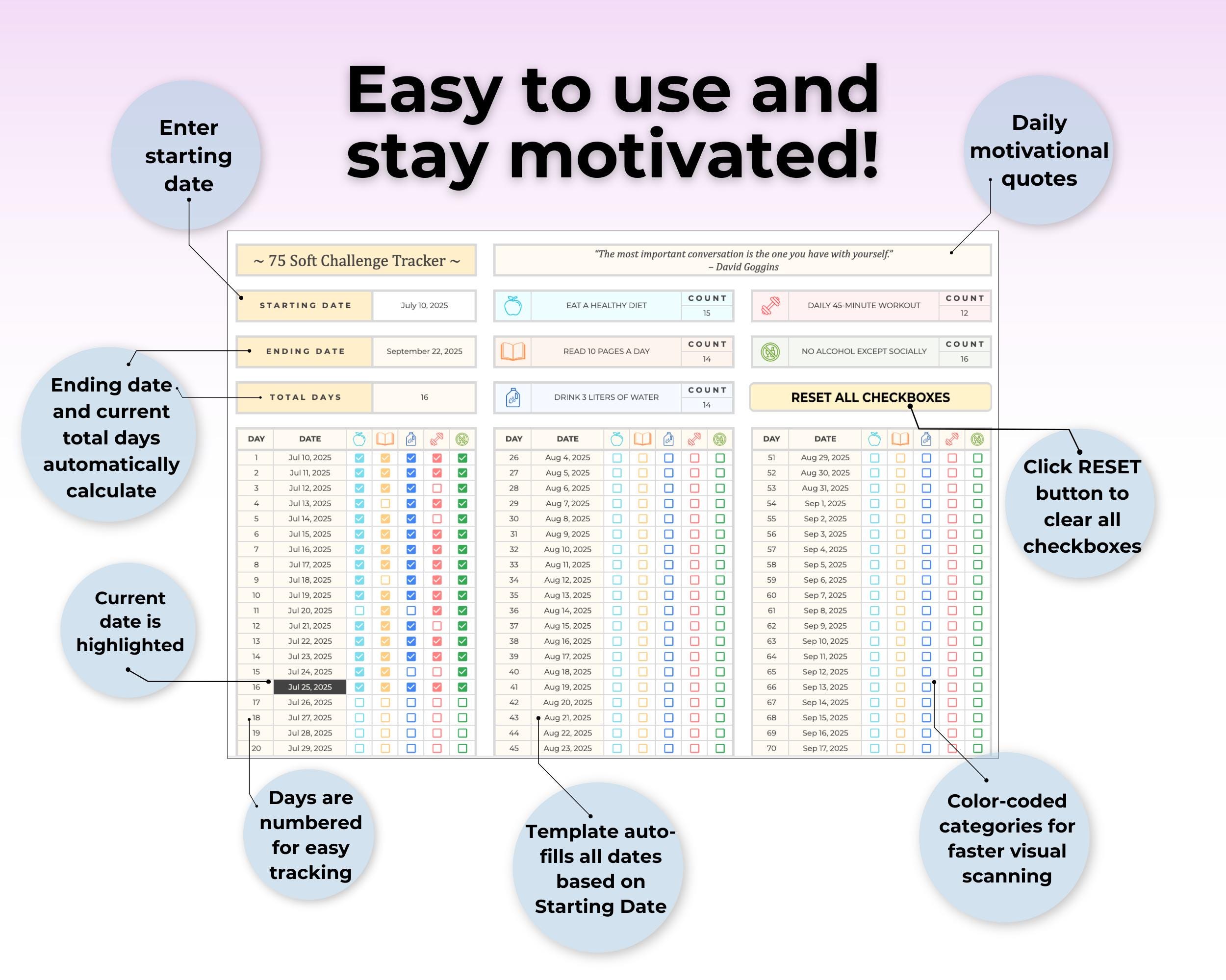 75 Soft Challenge Tracker Google Sheet Digital Habit Building Tool ...
