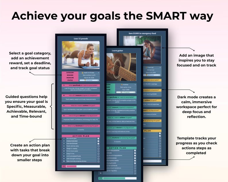 Goal Tracker Spreadsheet Dark Mode Goal Planner Google Sheets SMART ...