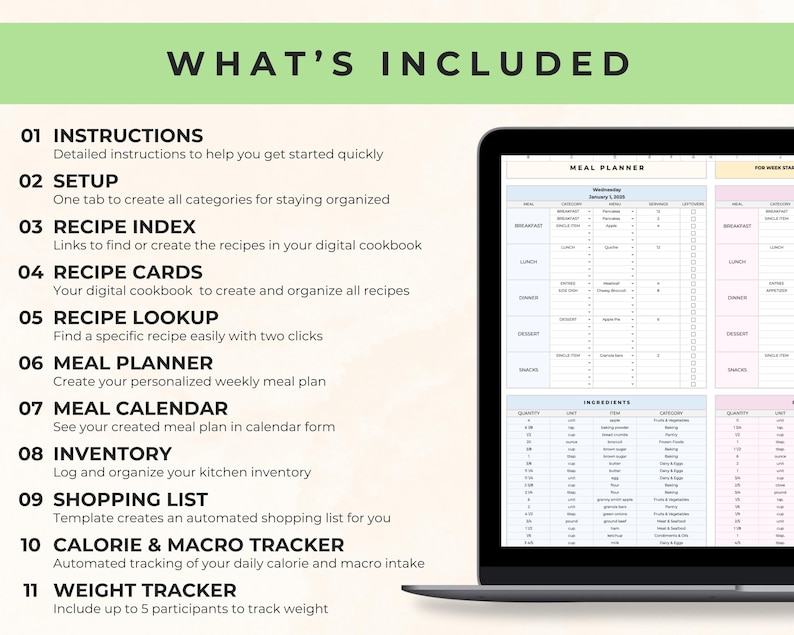 Meal Prep Planner Recipe Journal Google Sheet Template Food Calorie ...