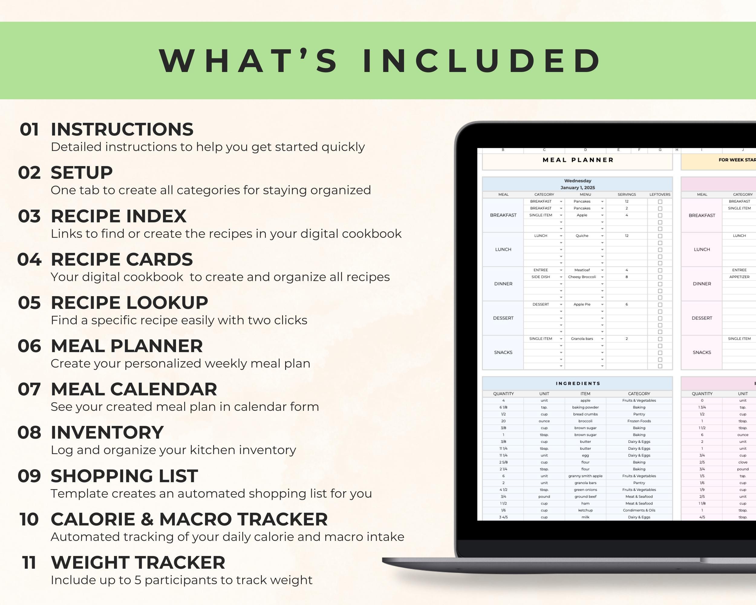 Meal Prep Planner Recipe Journal Google Sheet Template Food Calorie ...