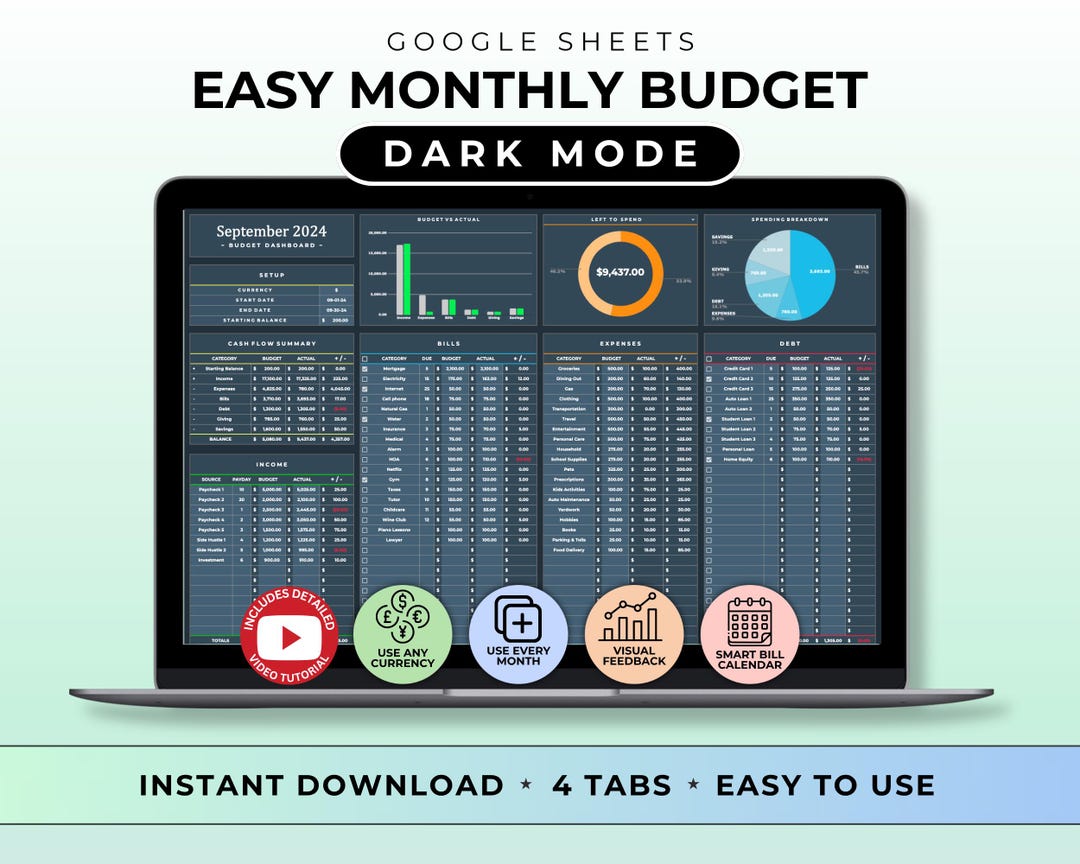 Monthly Budget Spreadsheet Google Sheet Budget Planner Dark Mode ...