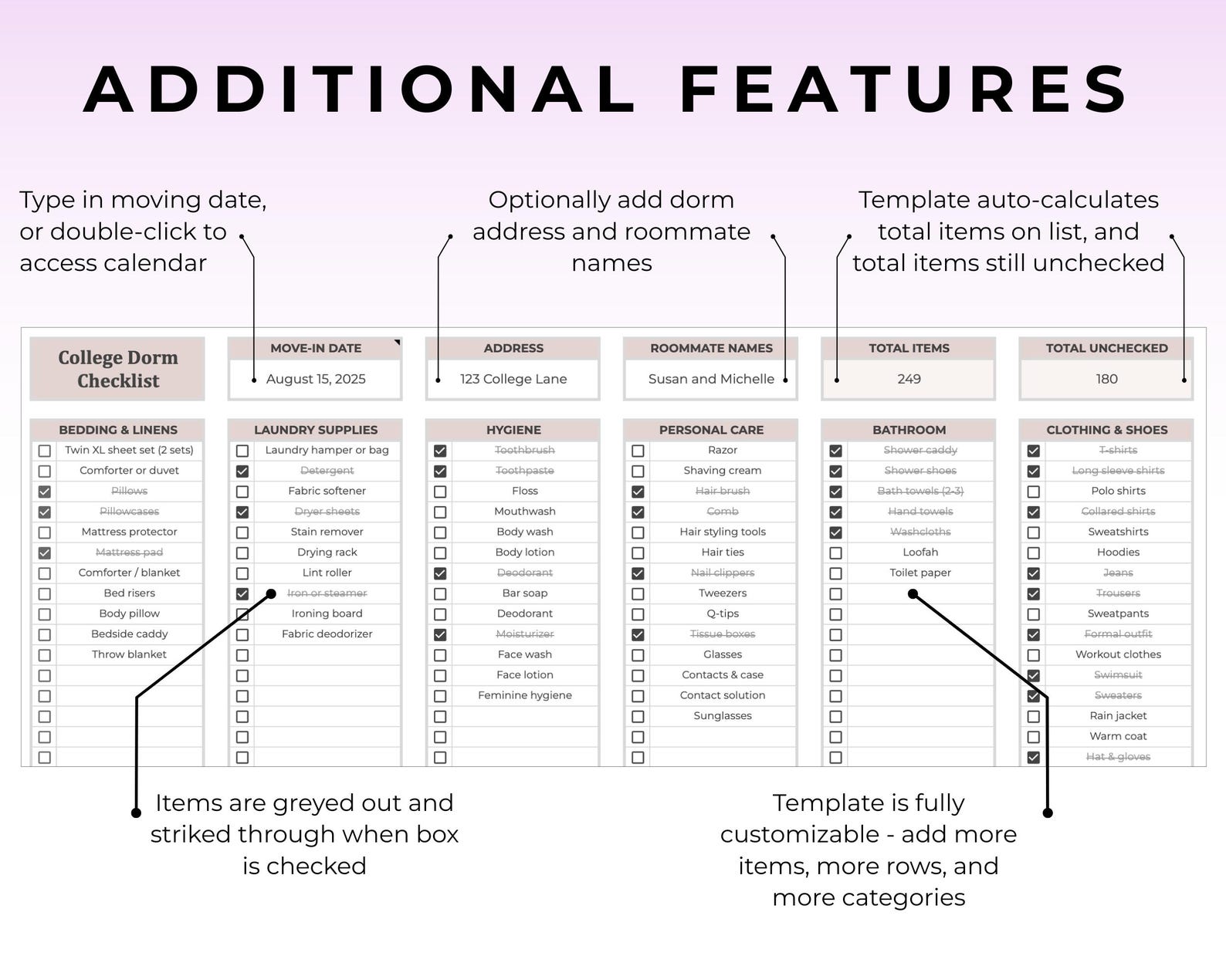 College Dorm Room Checklist Template Google Sheet Excel Packing List ...