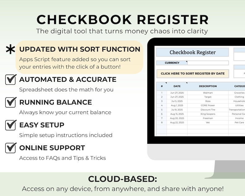 Checkbook Register for Google Sheets Budget Digital Check Balancing ...