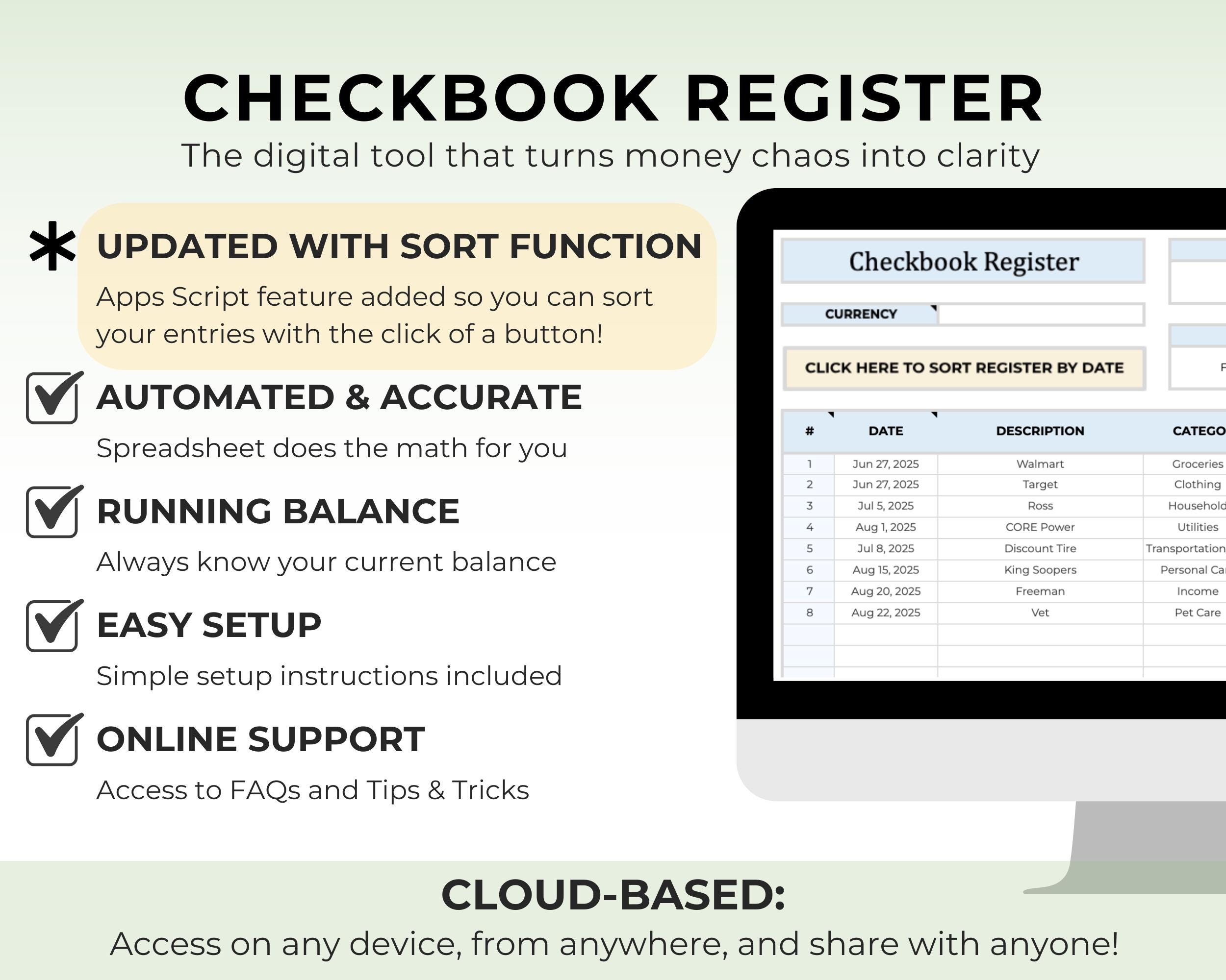 Checkbook Register for Google Sheets Budget Digital Check Balancing ...