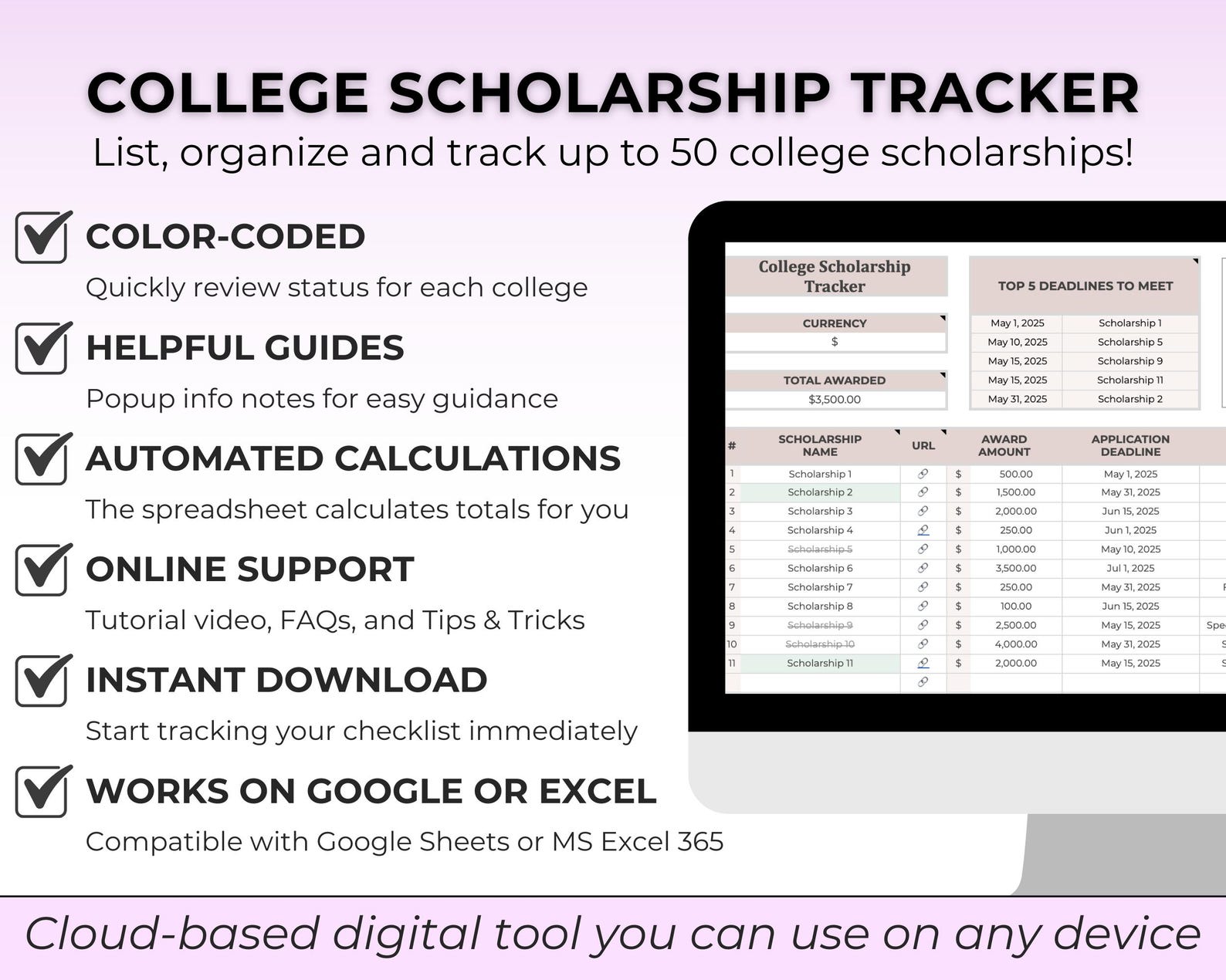 College Scholarship Tracker Google Sheet College Planning Spreadsheet ...