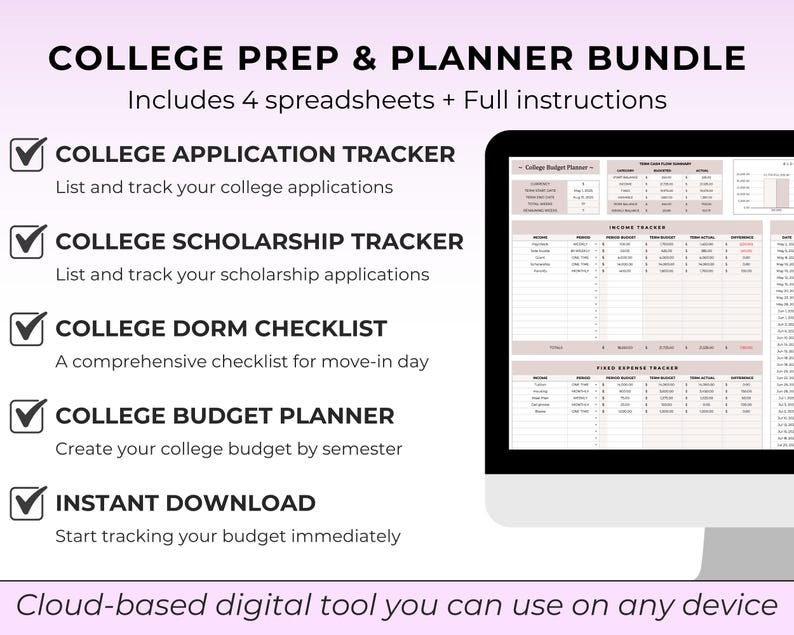 College Planner Bundle Spreadsheet Budget Planner for College Student Application Tracker ...