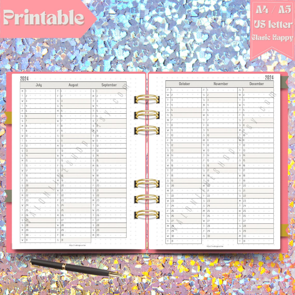 Year at a Glance 365 Days Designed on Dotted Pages, PDF Printable in A4 ...