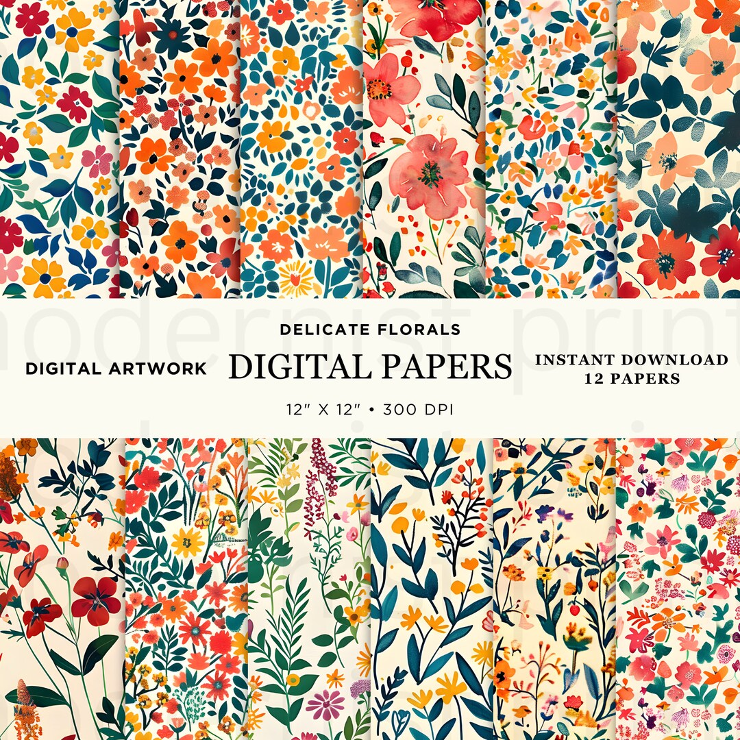 Tiny Blossoms Bright Spring Floral Digital Paper, 12 Original Seamless ...