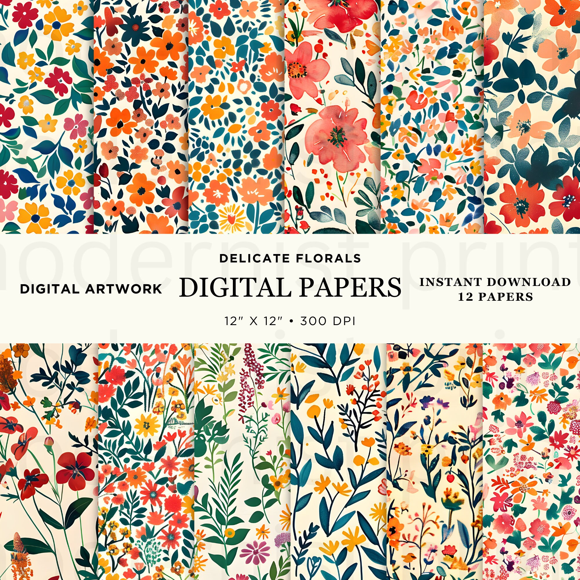 Tiny Blossoms Bright Spring Floral Digital Paper, 12 Original Seamless ...