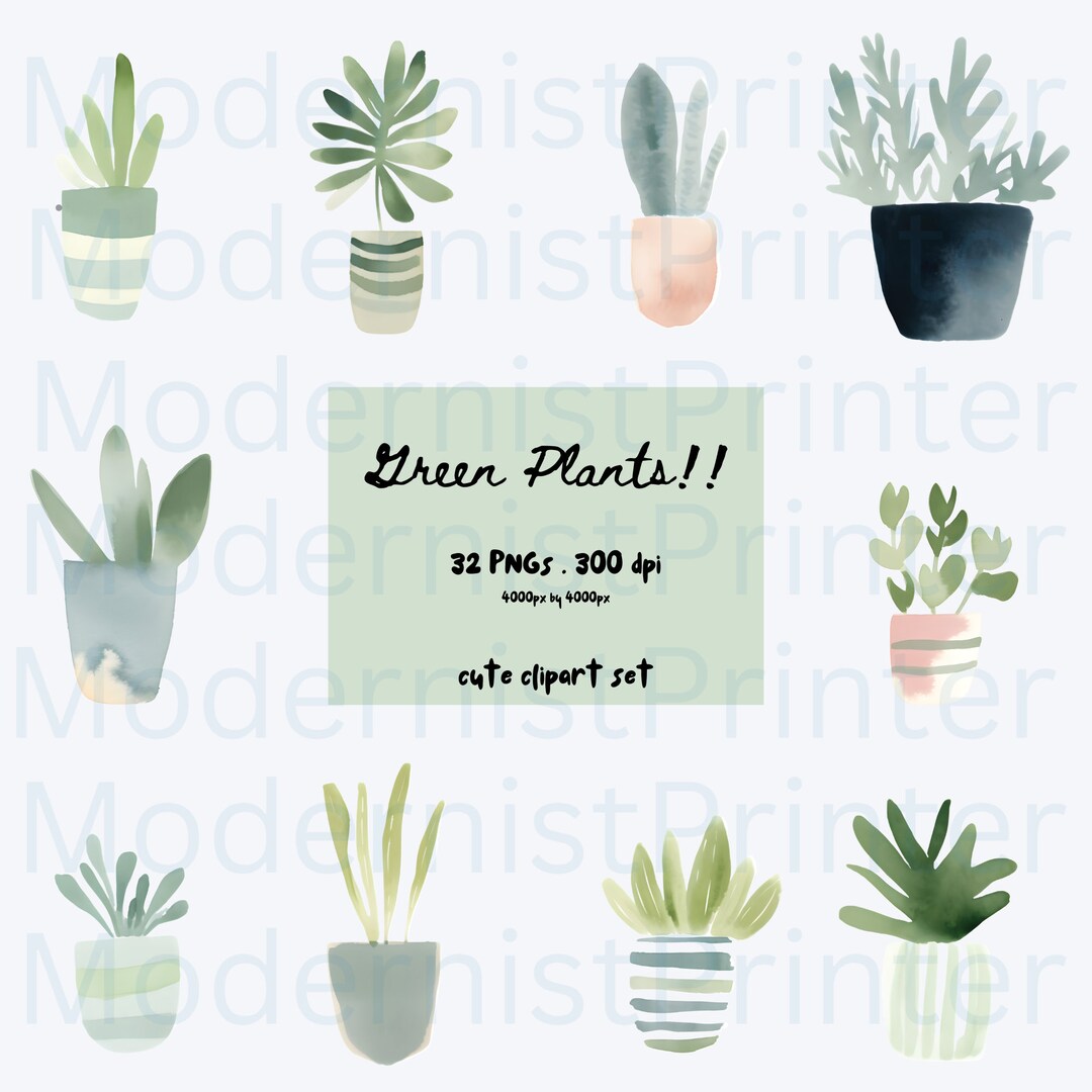 Green Watercolor Potted Plants Clipart House Plants PNG Format Instant ...