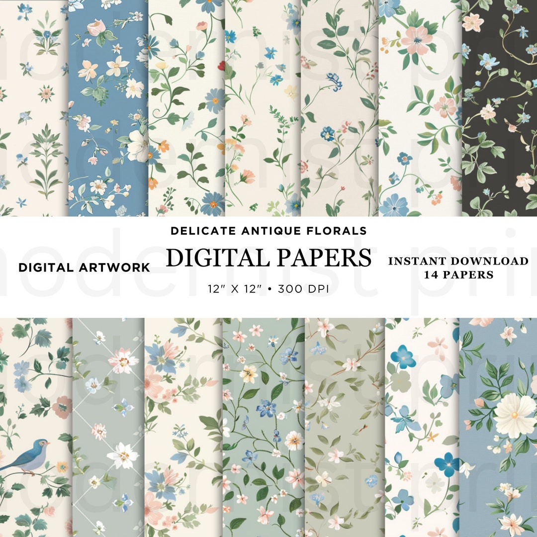Antique Floral Spring Floral Digital Paper , 14 Original Seamless ...