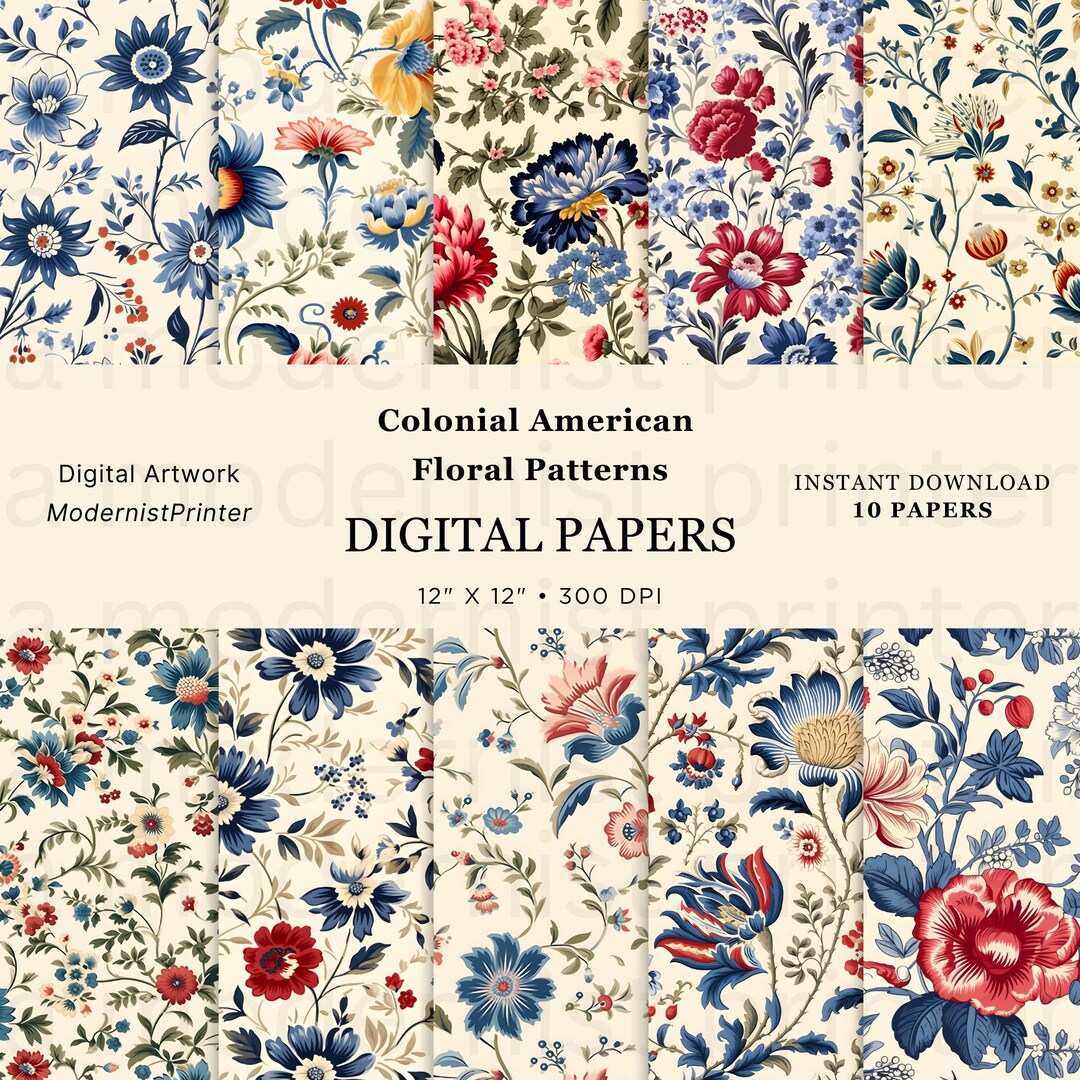 Colonial Floral Digital Paper: Americana Pattern Designs (JPG, PDF) - Etsy