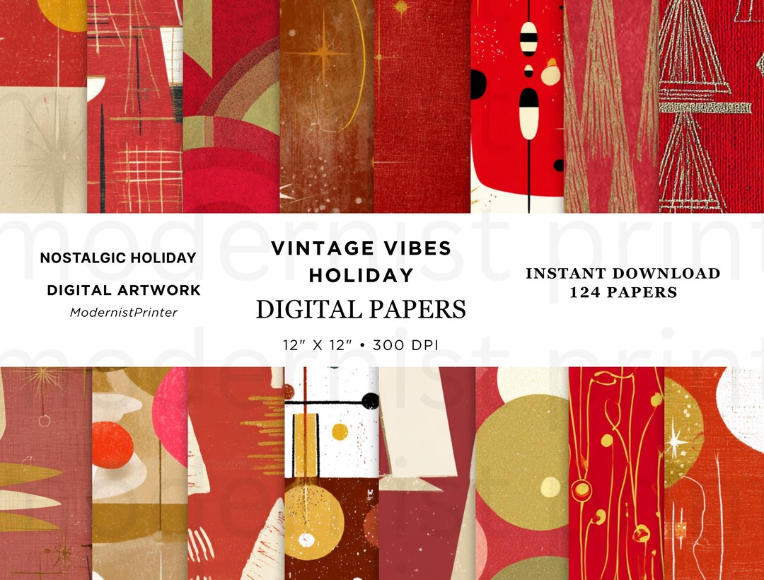 Mid Century Modern Christmas Digital Paper, Retro Red Gold Holiday ...