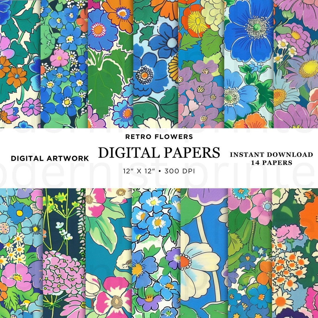 Retro Blue Floral Digital Paper: 14 Original Designs (JPG, Digital ...