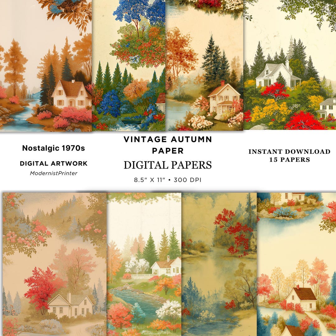Scrapbook Paper Pack Retro Autumn Floral 1970s Vintage Boho Digital ...