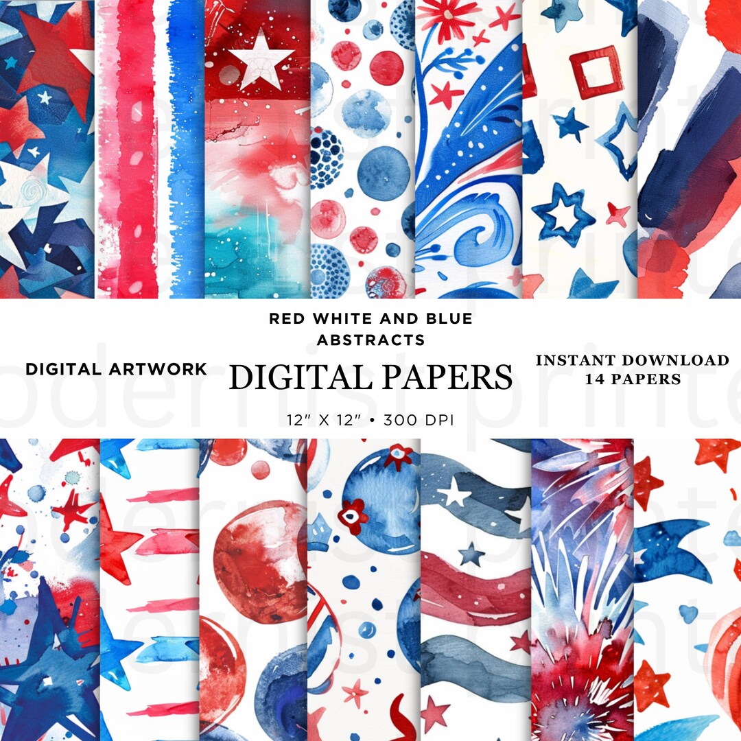 Abstract Red & Blue Patterned Digital Paper, 14 Fresh Original Designs ...