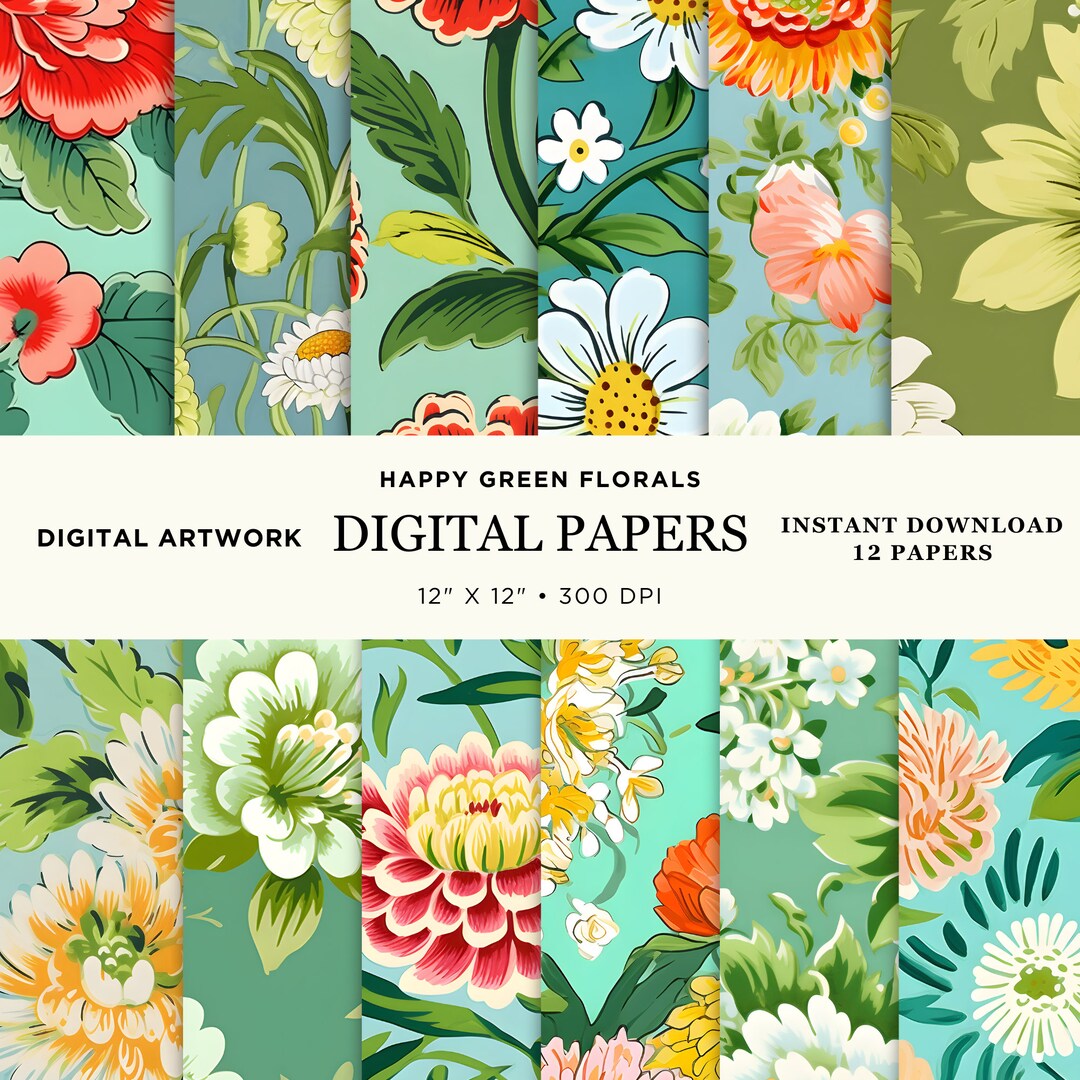 Retro Green Floral Digital Paper: 12 Original PNG Designs (digital ...