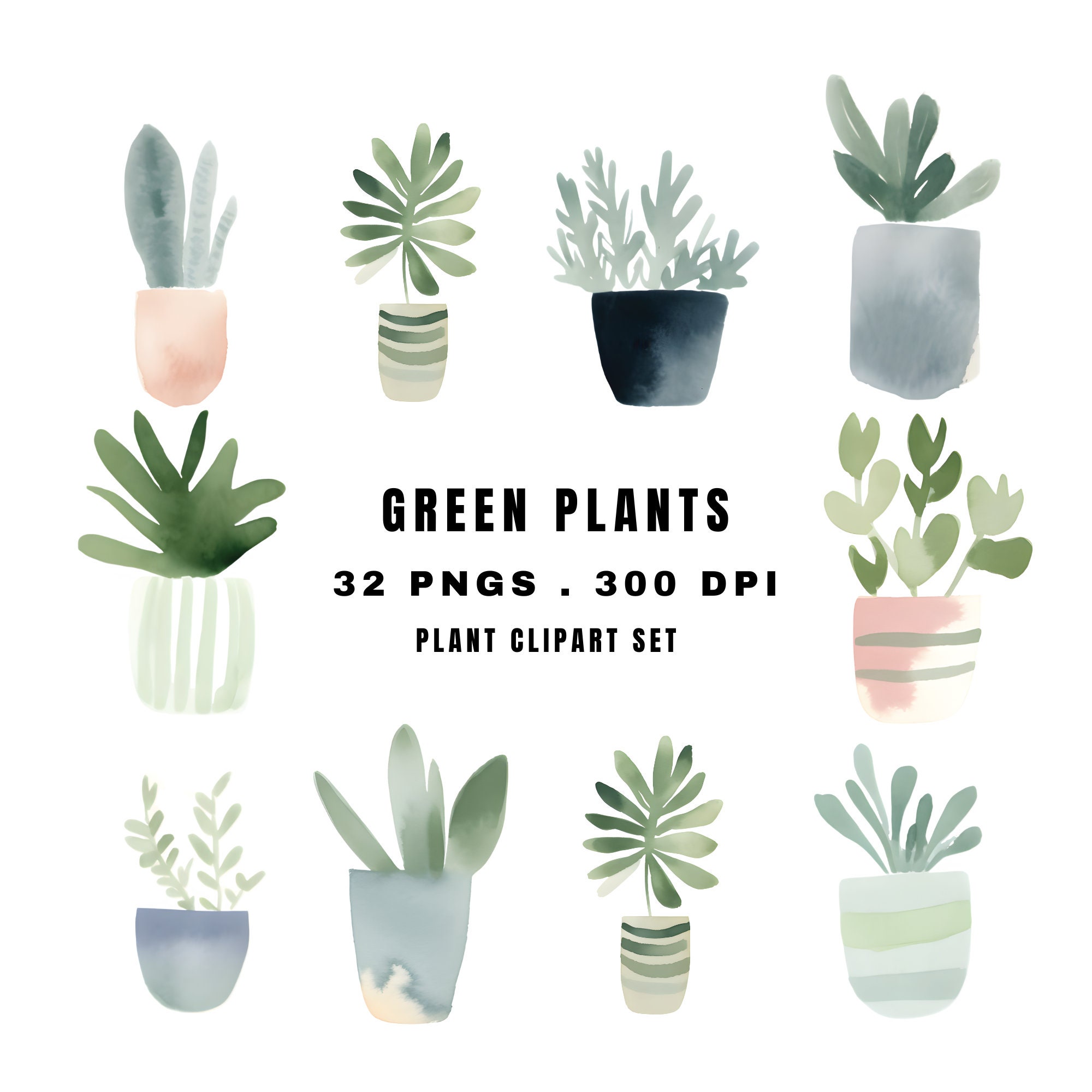 Green Watercolor Potted Plants Clipart - House Plants PNG Format ...
