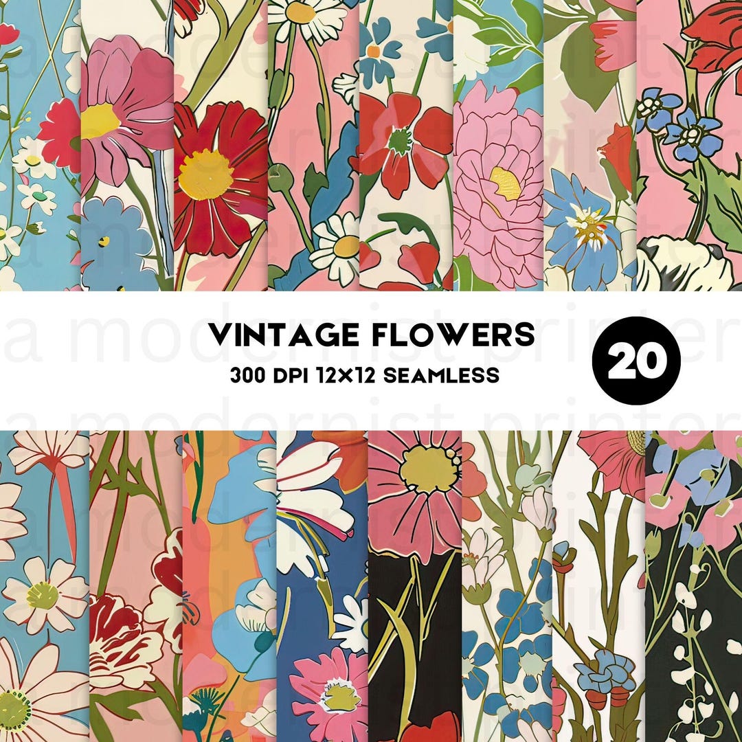 Vintage Floral Digital Paper Set: Seamless Retro Flower Designs (20 ...