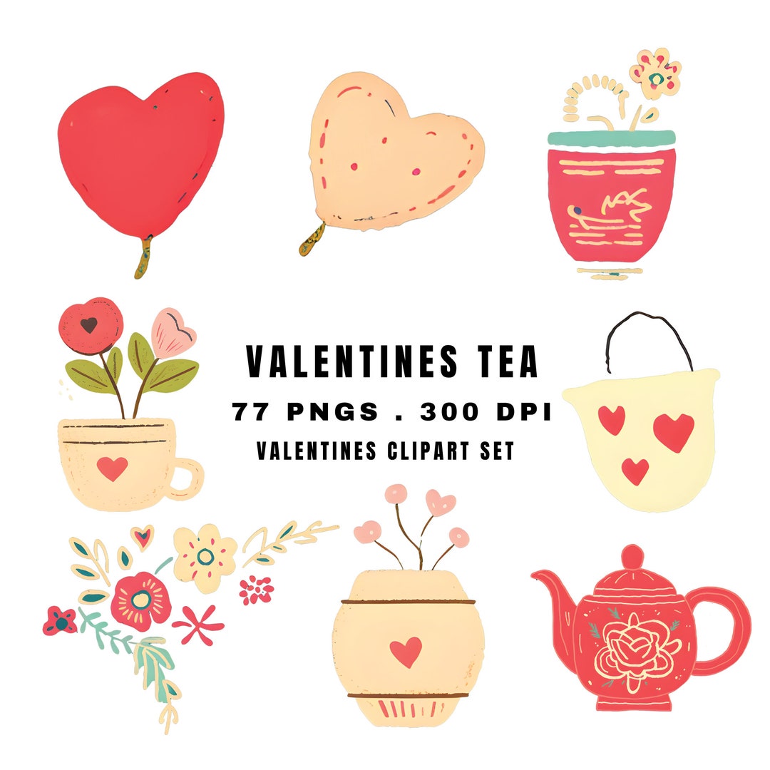 Valentines Day Tea Clipart Set Minimalist Illustration Hearts Flowers ...