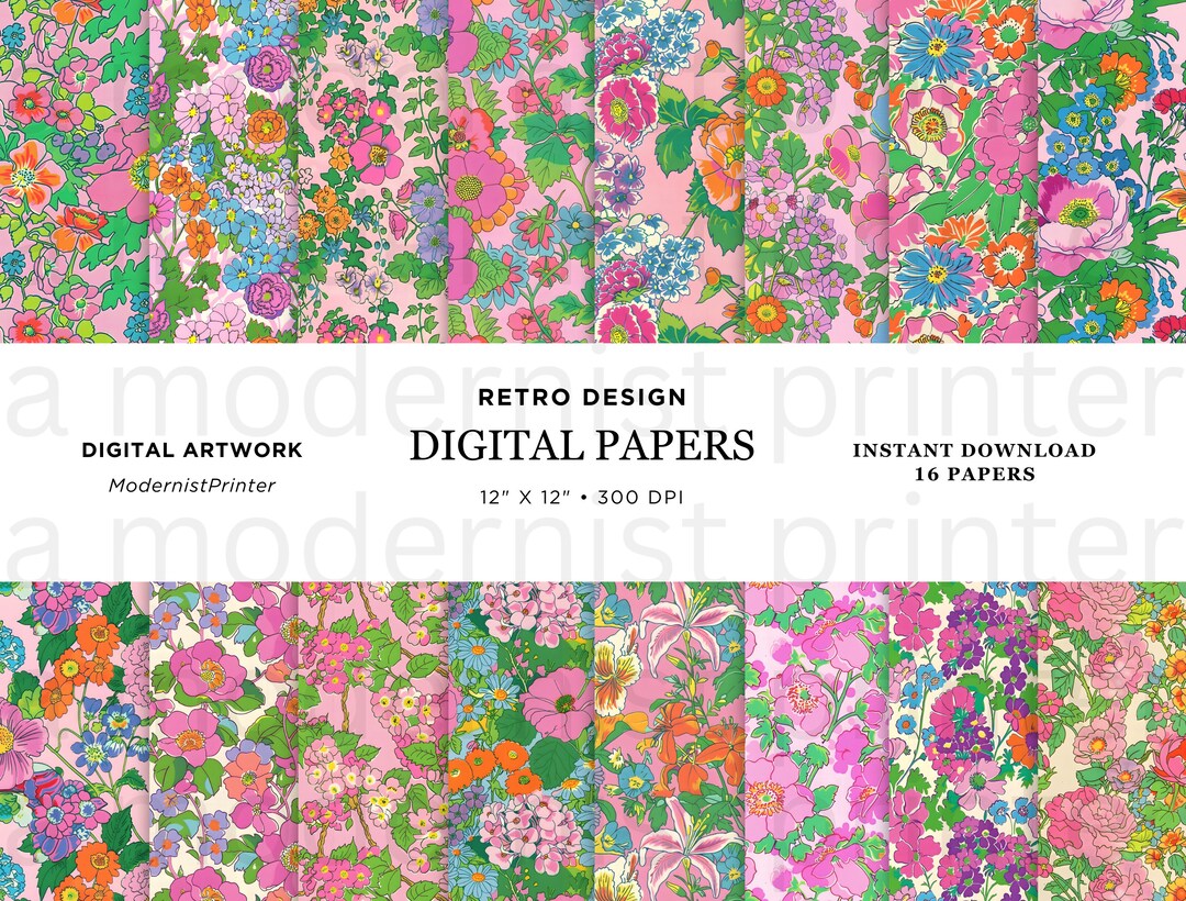 Retro Floral Digital Paper: 16 Original Designs (JPG Printable) - Etsy