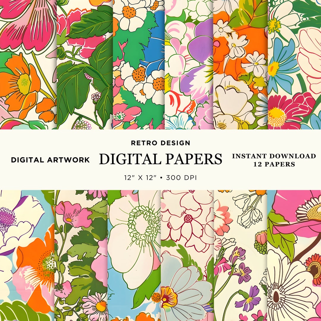 Retro Floral Digital Paper: Groovy 70s Patterns (JPG, 12"x12") - Etsy