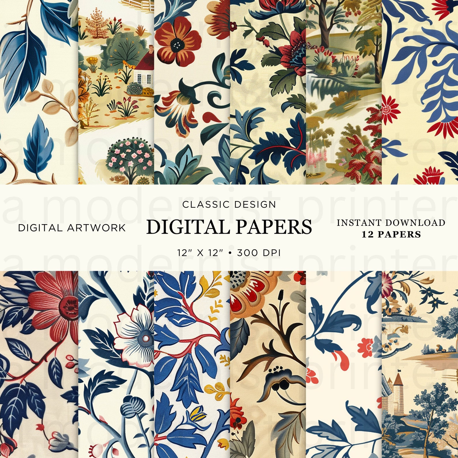 Colonial Floral Patterned Digital Paper , 12 Fresh Original Designs ...