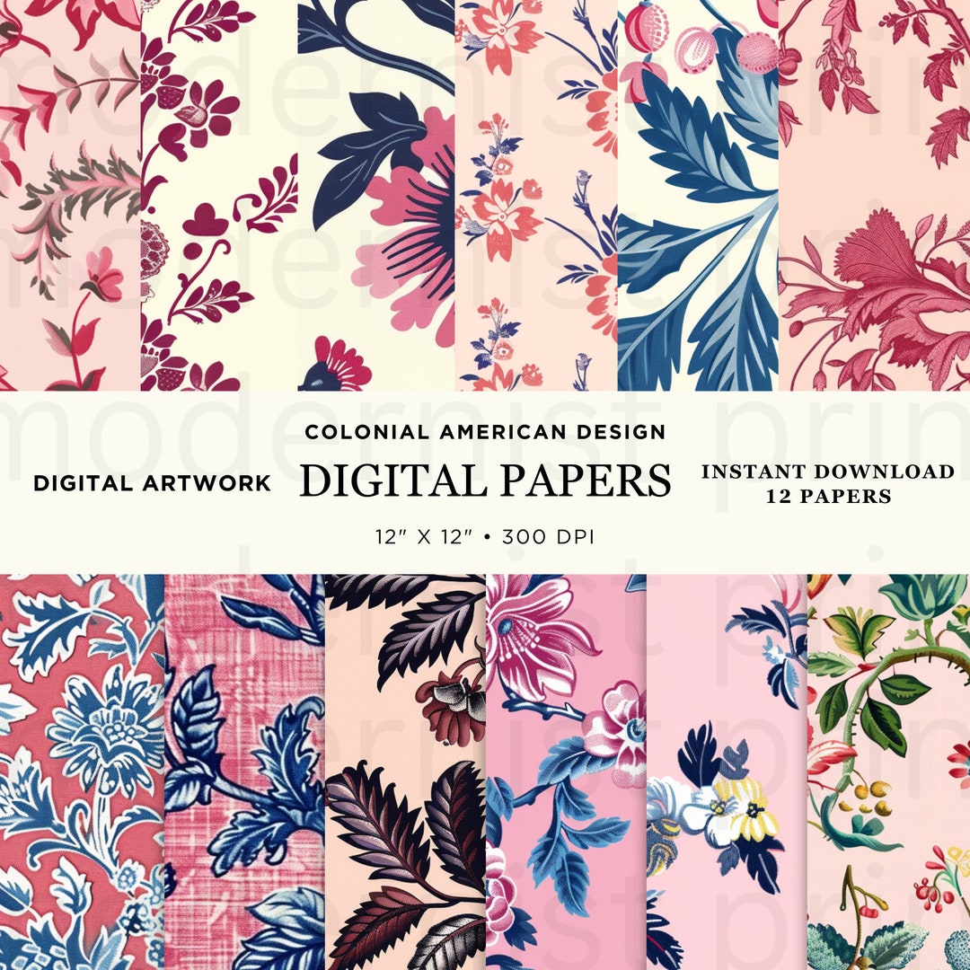 Pink Colonial Floral Digital Paper: 12 Fresh Designs (JPG) - Etsy
