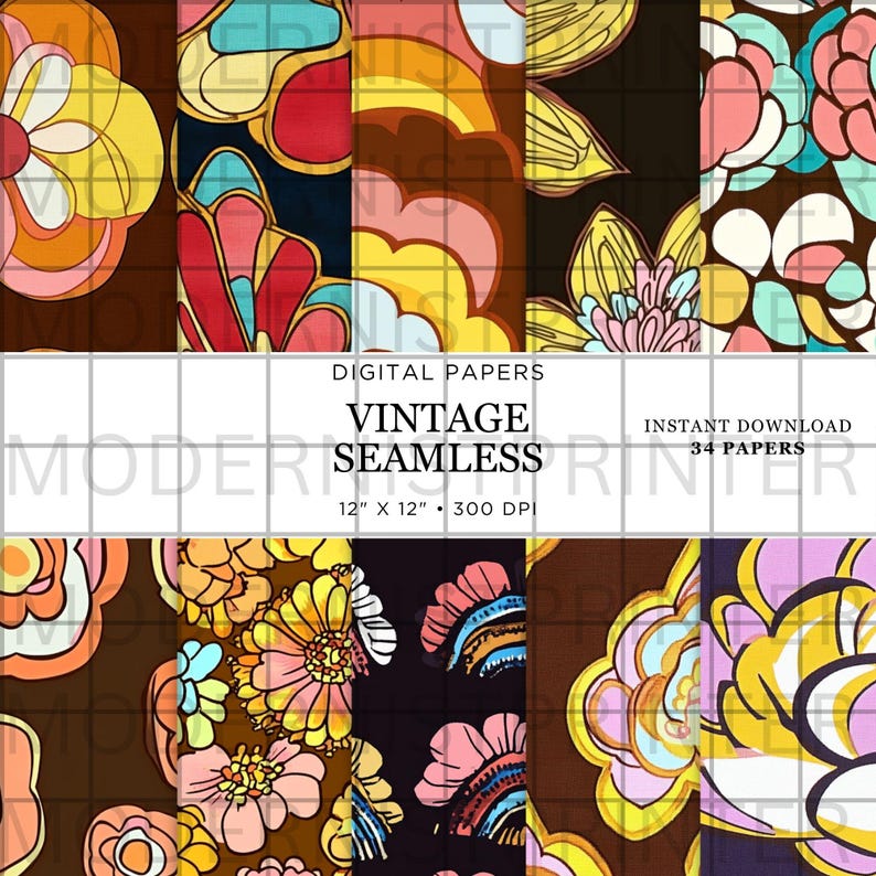 Groovy 70s Floral Digital Paper: Mod Seamless Patterns for Textiles ...
