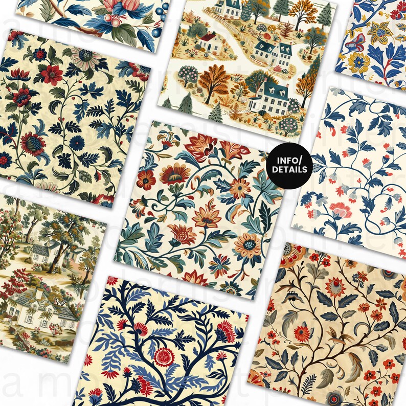 Colonial Floral Patterned Digital Paper , 12 Fresh Original Designs ...
