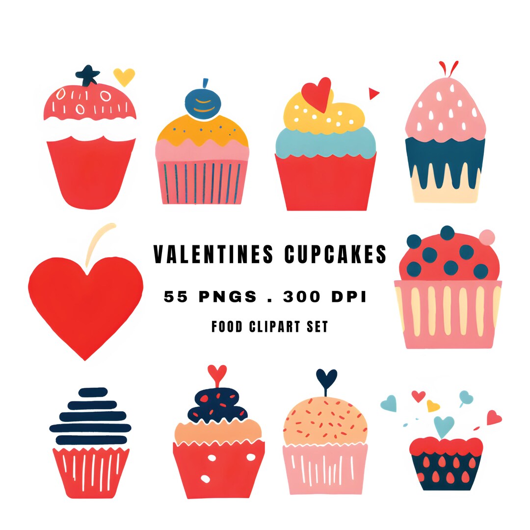Valentines Cupcakes Clipart 55 Pc PNG | Set of Unique Treats for Your ...