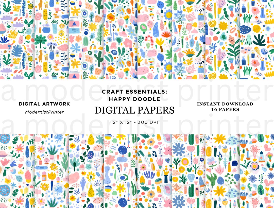 Craft Essentials Happy Doodle Digital Paper - 16 Seamless Designs ...
