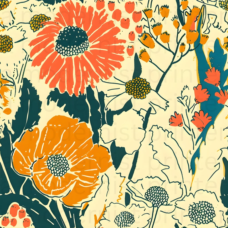 Retro Floral Digital Paper: Orange, Cream, Blue, Pink (12 Jpgs) - Etsy