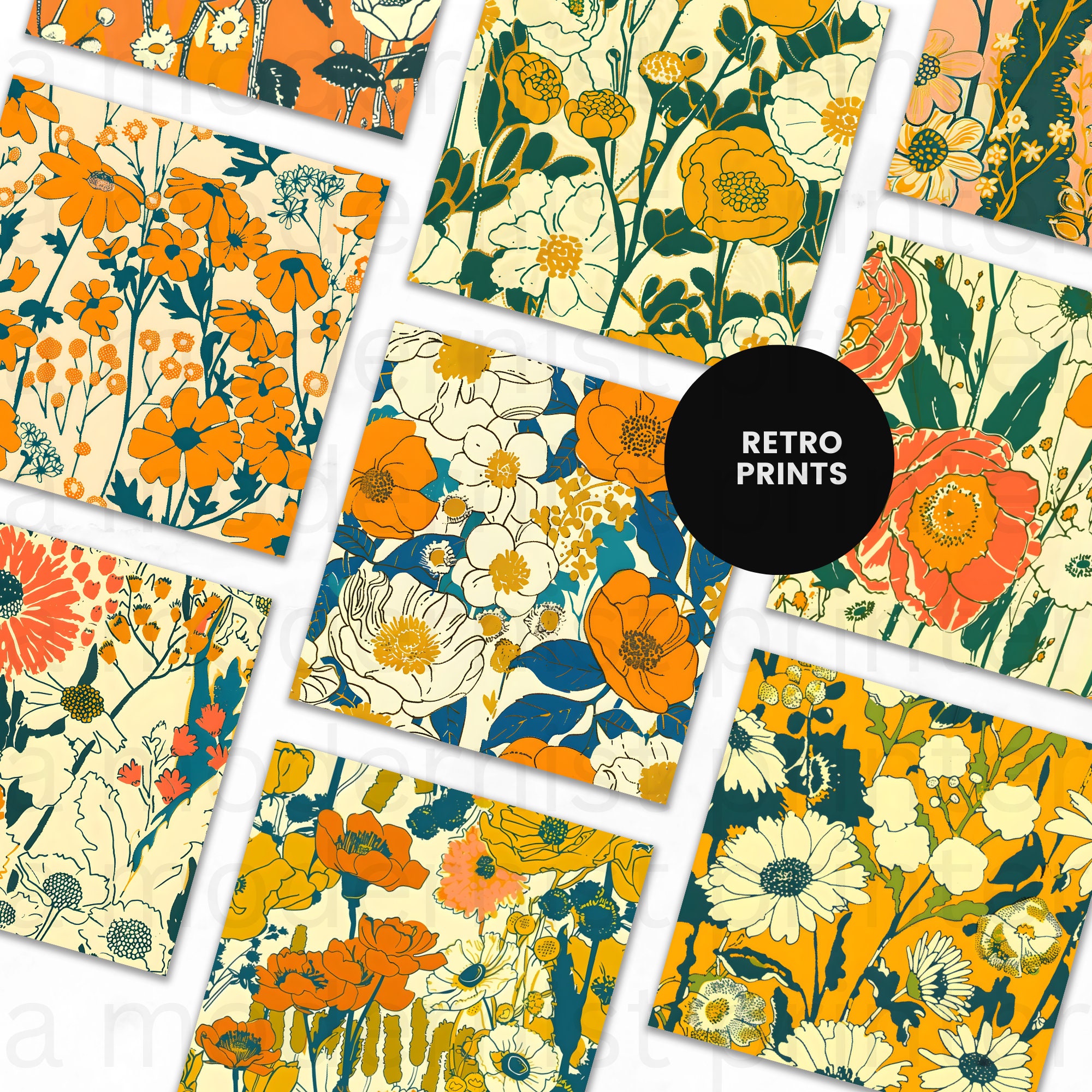 Retro Floral Digital Paper: Orange, Cream, Blue, Pink (12 Jpgs) - Etsy