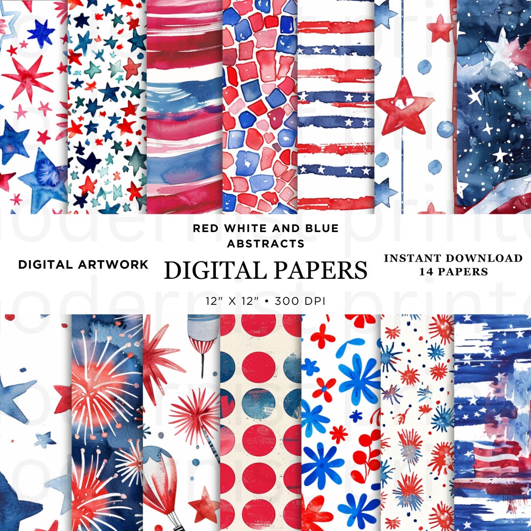 Abstract Red & Blue Patterned Digital Paper, 14 Fresh Original Designs ...
