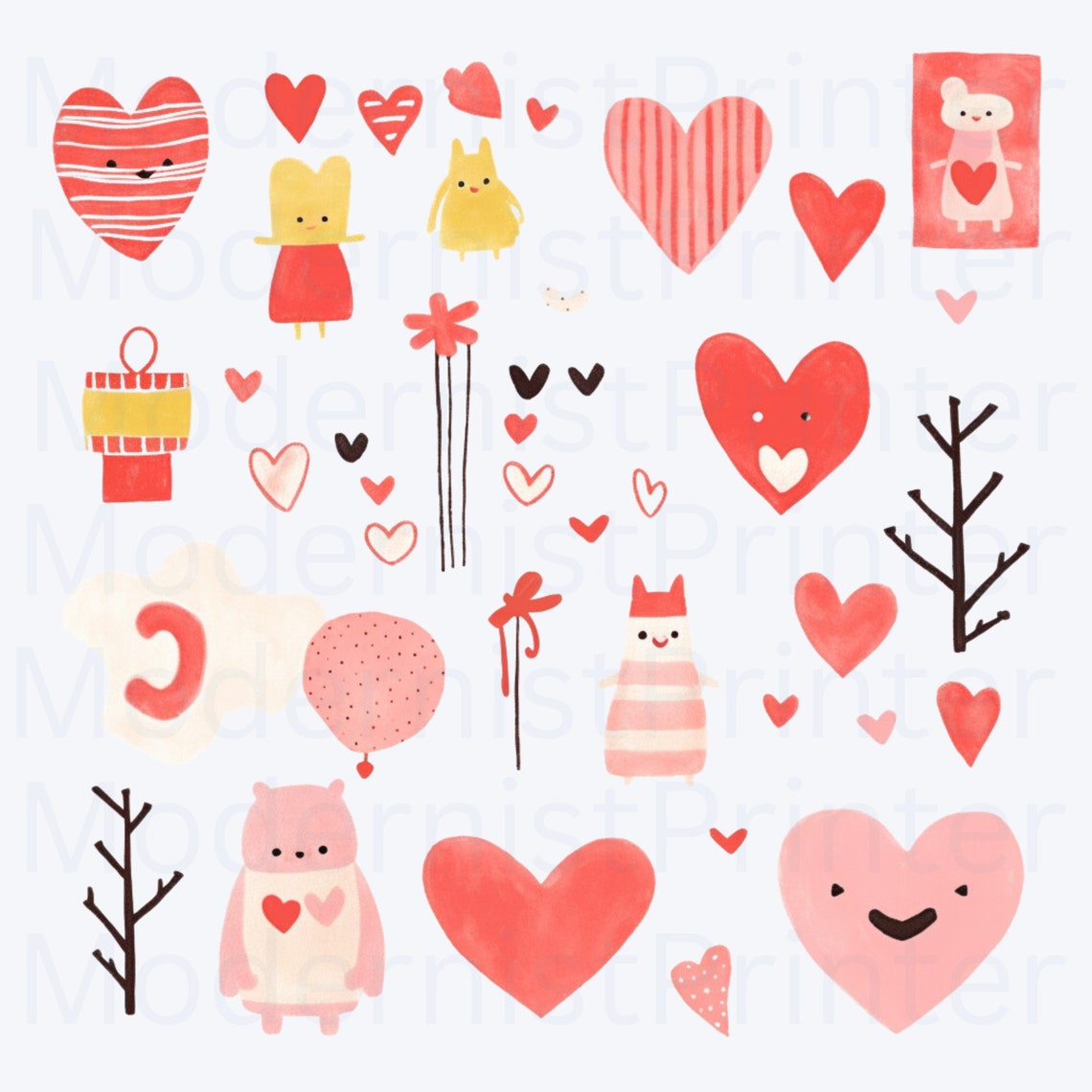 Kawaii Valentines Day Clipart Set Minimalist Illustration Hearts ...