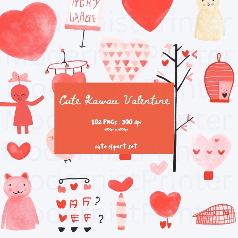 Kawaii Valentines Day Clipart Set Minimalist Illustration Hearts ...