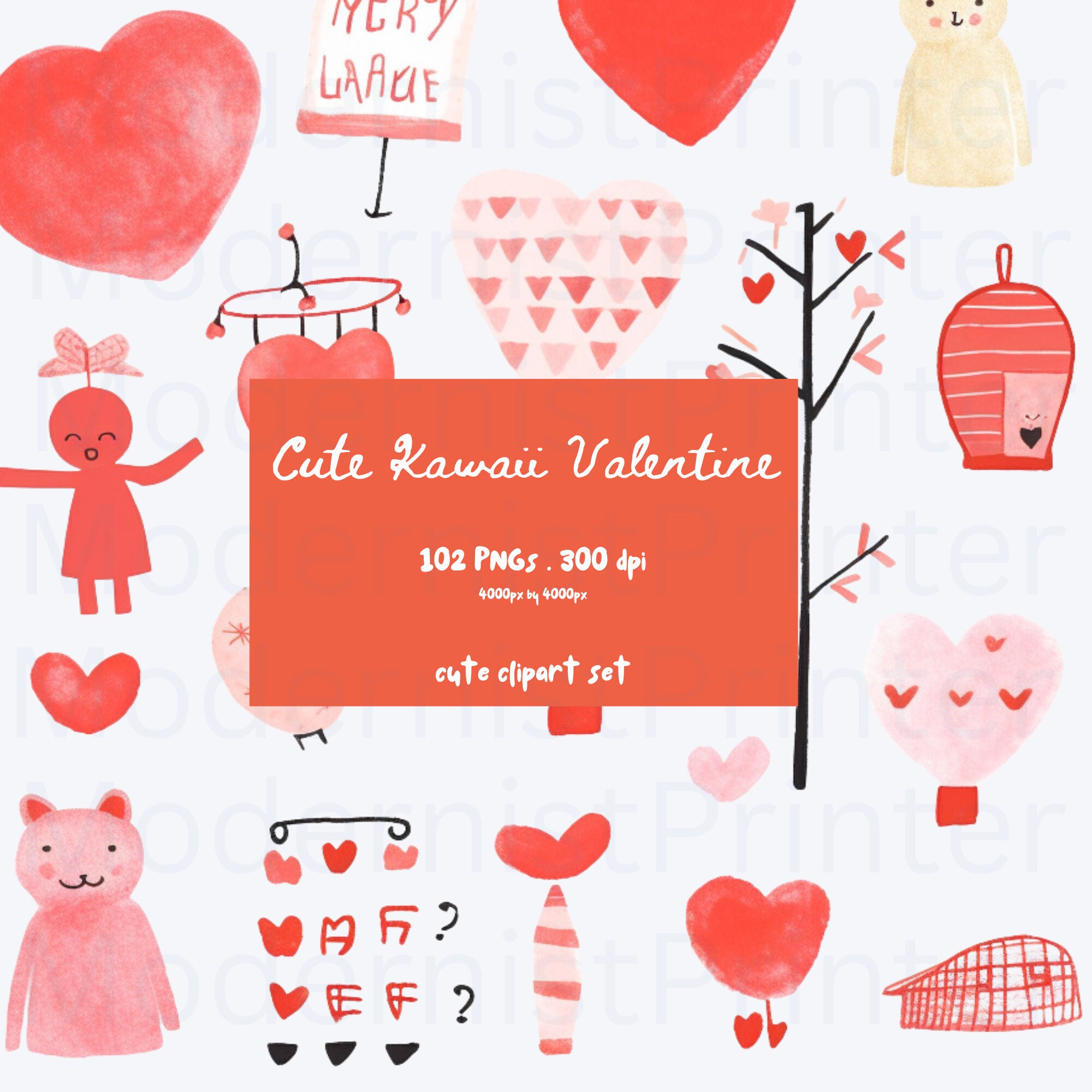 Kawaii Valentines Day Clipart Set Minimalist Illustration Hearts ...