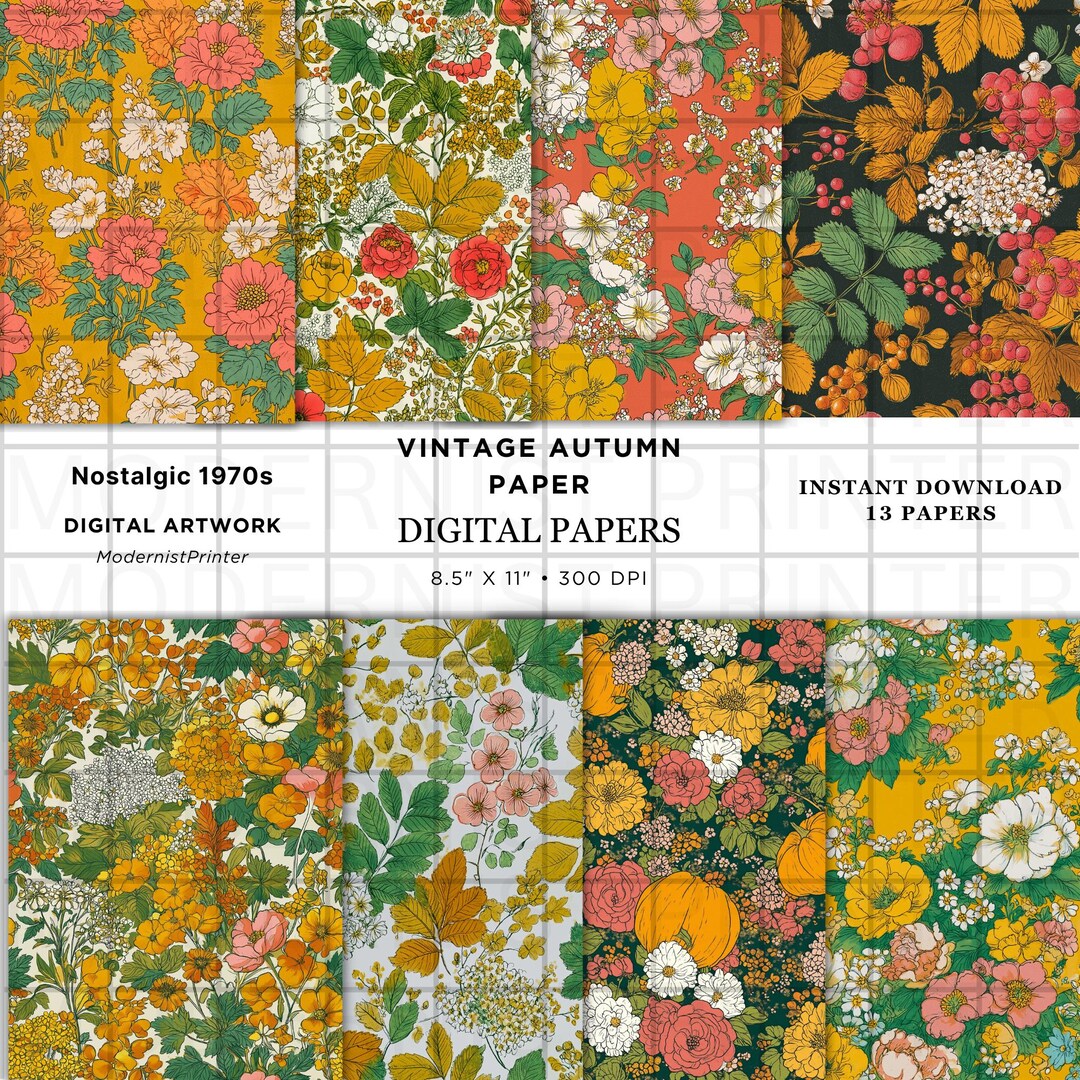 Scrapbook Paper 1970s Autumn Floral Digital Download Retro Fall Pattern ...