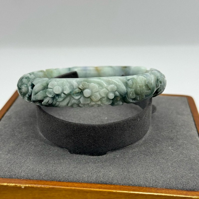 Burmese Jade Bangle Carved Flower Pattern White Gray Honey Donut Shape ...