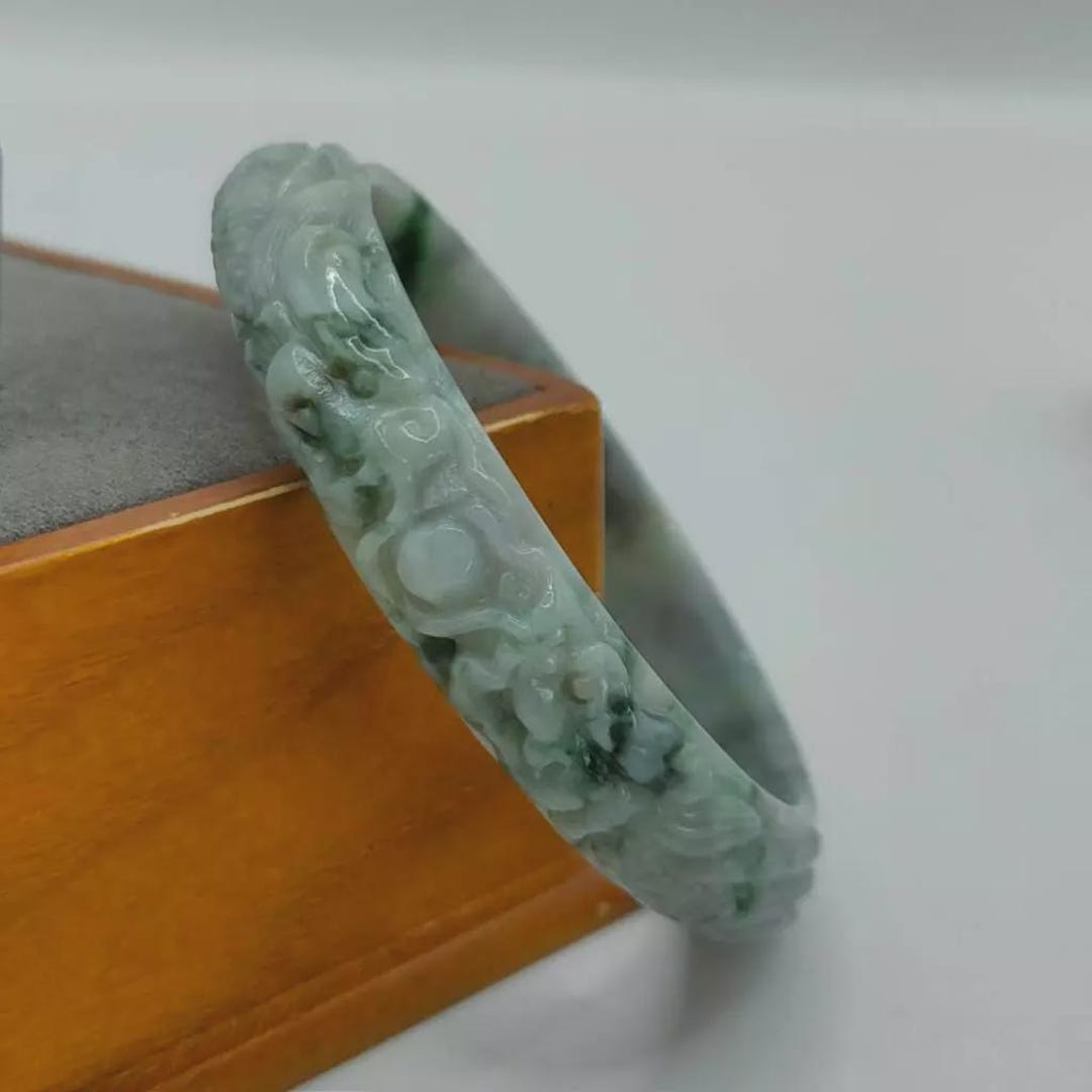 Burmese Jade Bangle: Carved Double Dragon, Light Green Jadeite (59.8 Mm ...