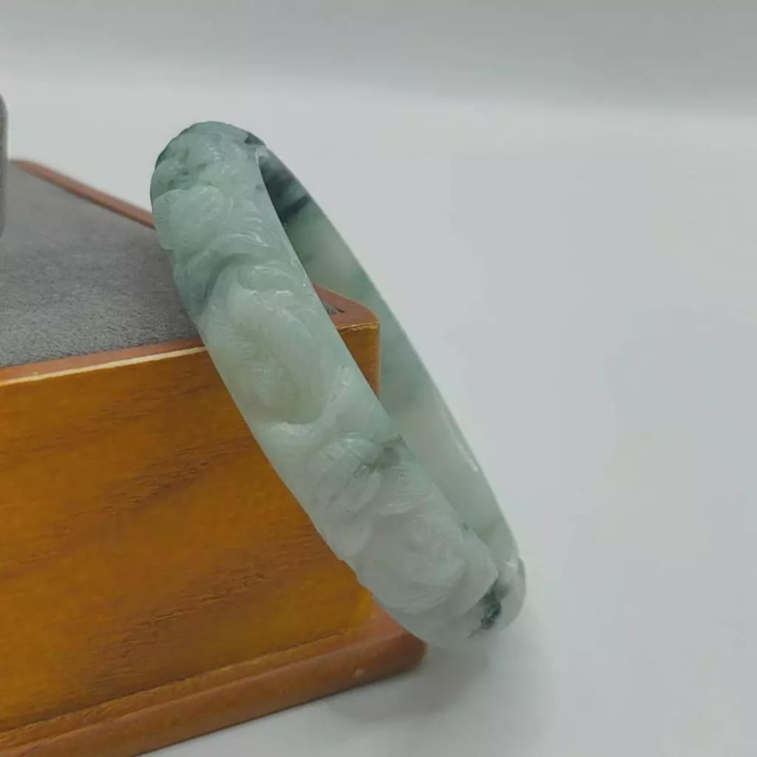 Burmese Jade Bangle: Carved Flower, Natural Jadeite (57.3 Mm) - Etsy