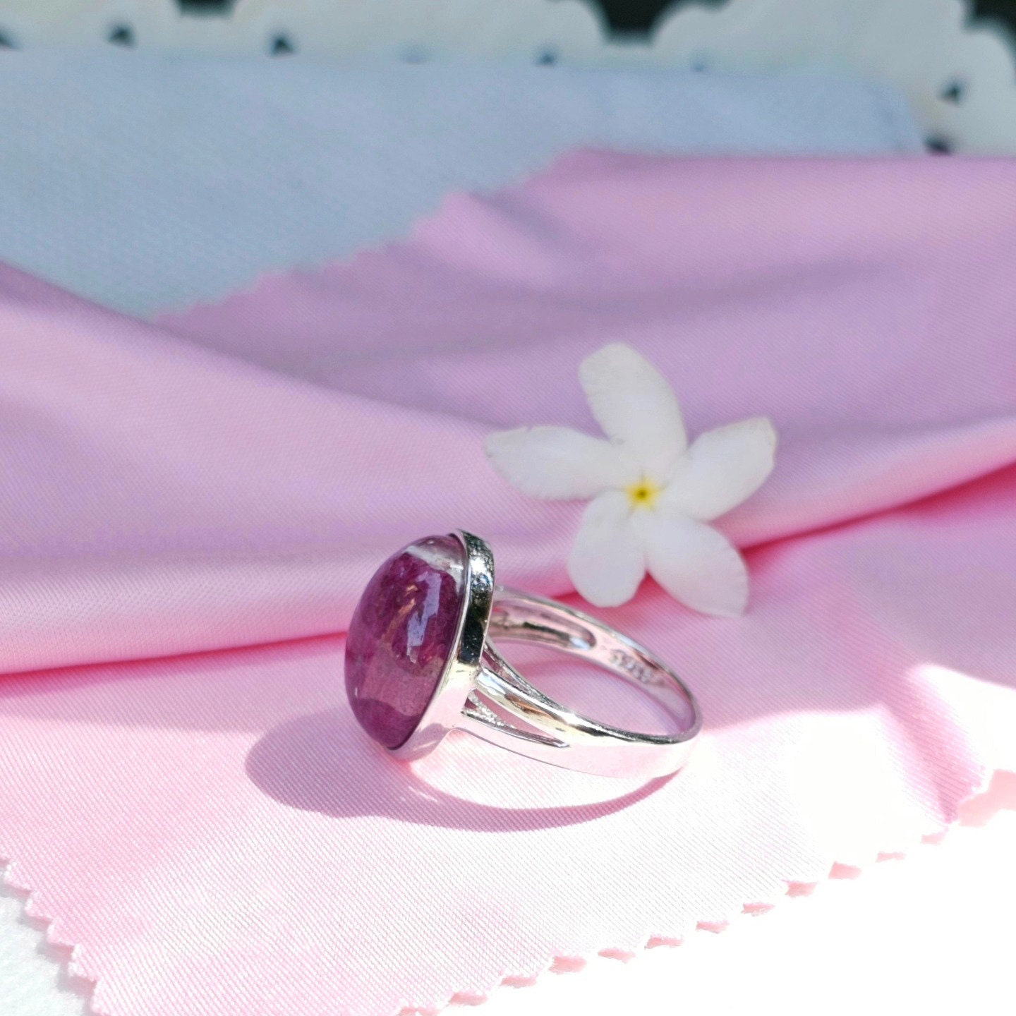 Pink and Purple Ruby Ring Cabochon Shape Large Beads 925 Silver Body ...