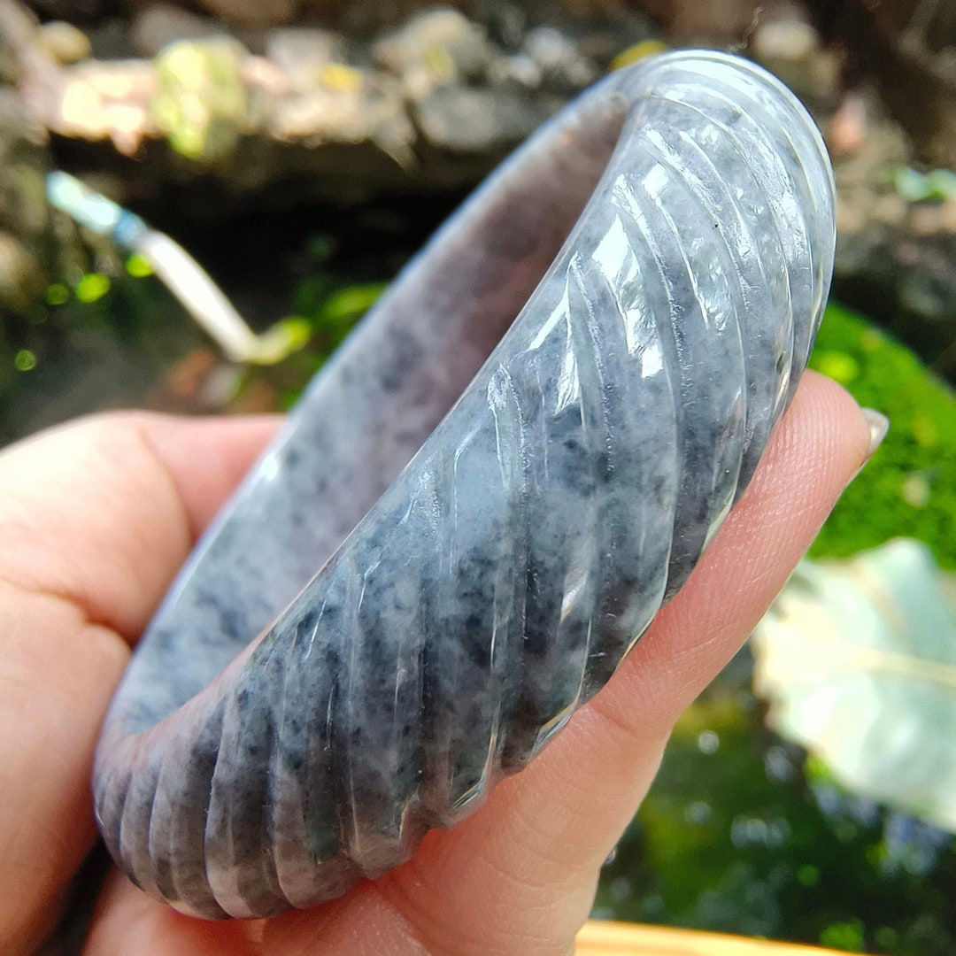 Burmese Jade Bangle Carved Spiral Gray Natural Jadeite Type A Bracelet ...